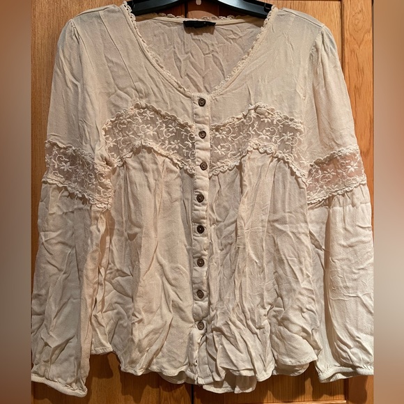 mine | Tops | Y2k Vintage Long Sleeve Lace Window Blouse Cream Button ...